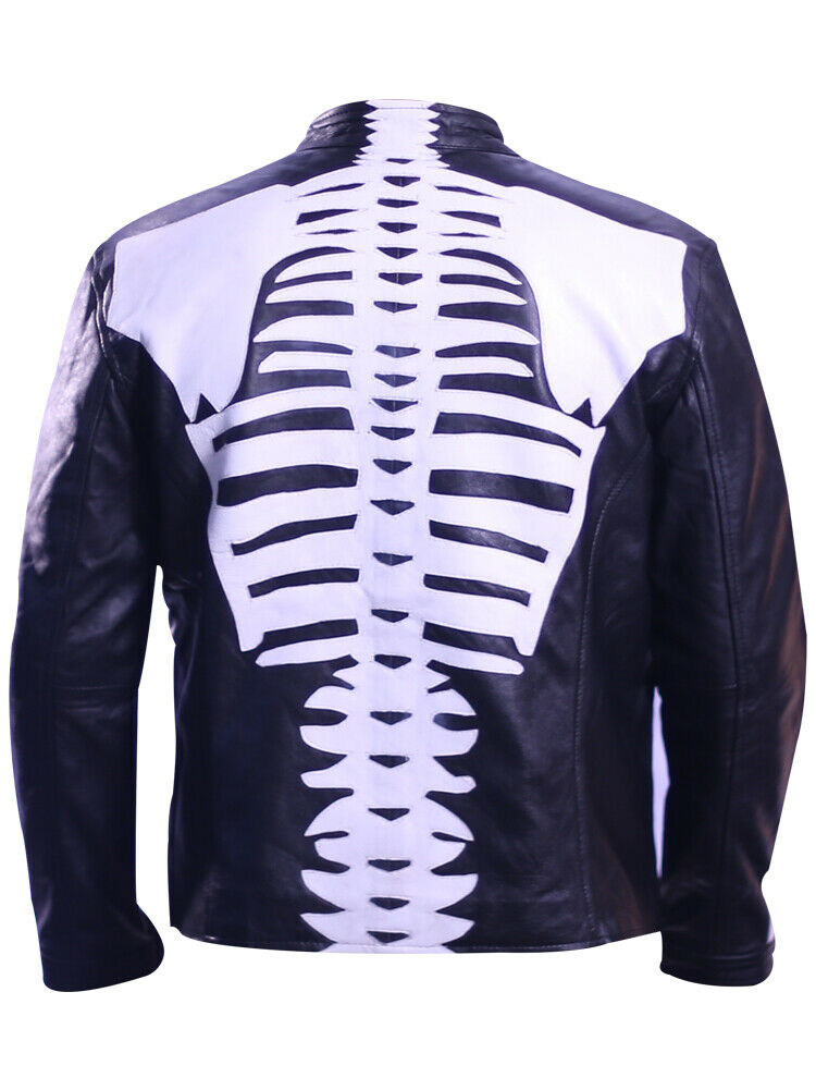 MEN'S MOTORCYCLE BIKER SKELETON BONES LEATHER JACKET - HALLOWEEN JACKET ...