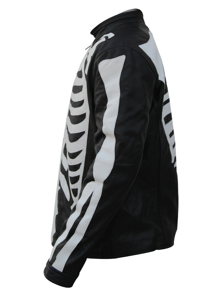 MEN'S MOTORCYCLE BIKER SKELETON BONES LEATHER JACKET - HALLOWEEN JACKET ...