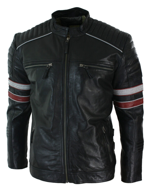 MEN'S BLACK BIKER LEATHER JACKET WITH RED & WHITE STRIPES - Men's Cafe ...