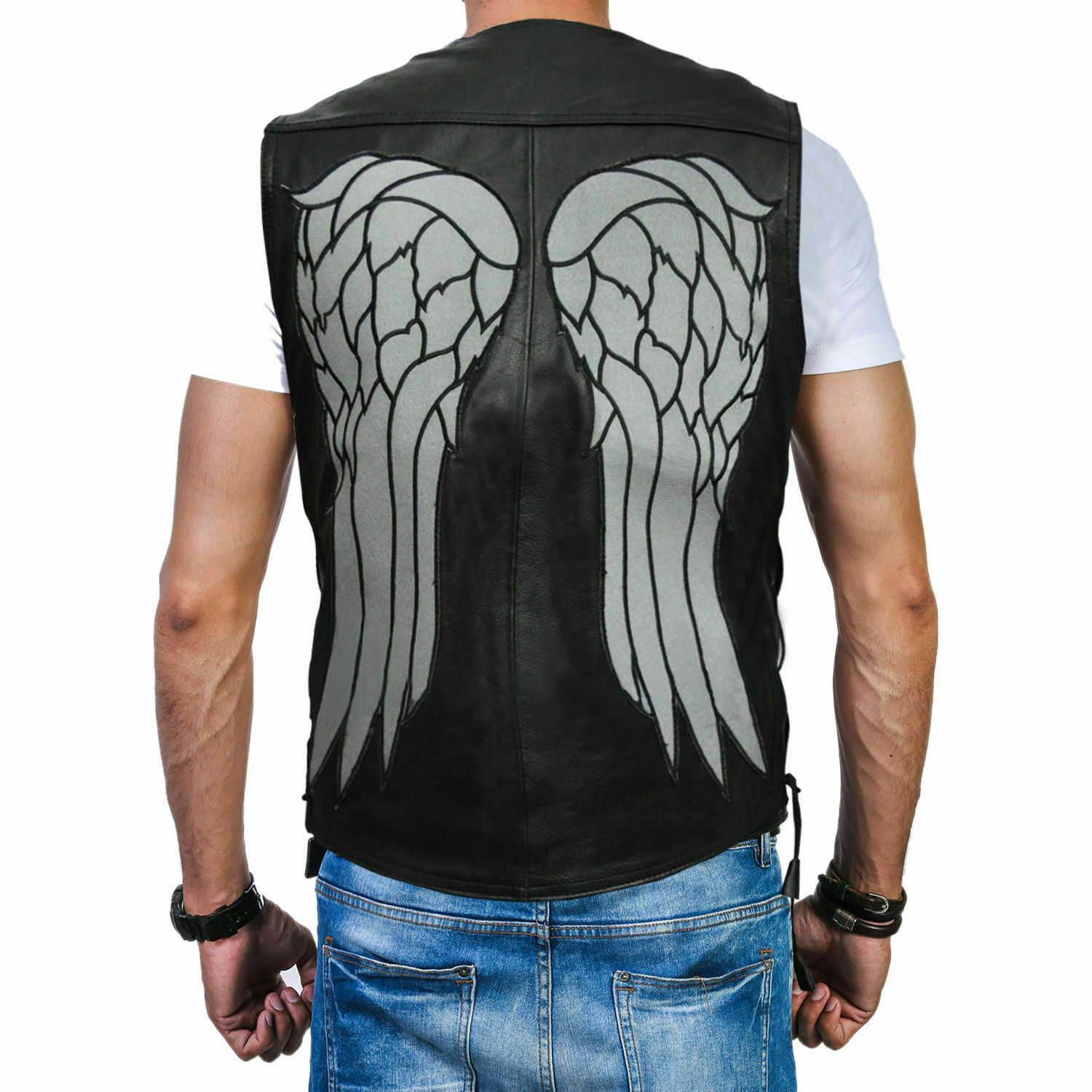 WALKING DEAD DARYL DIXON VINTAGE BLACK LEATHER ANGEL JACKET VEST ALL ...